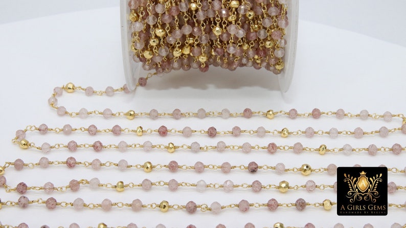 22 K Gold Natural Strawberry Quartz Chain, Unfinished 4 Mm Gold Pyrite ...