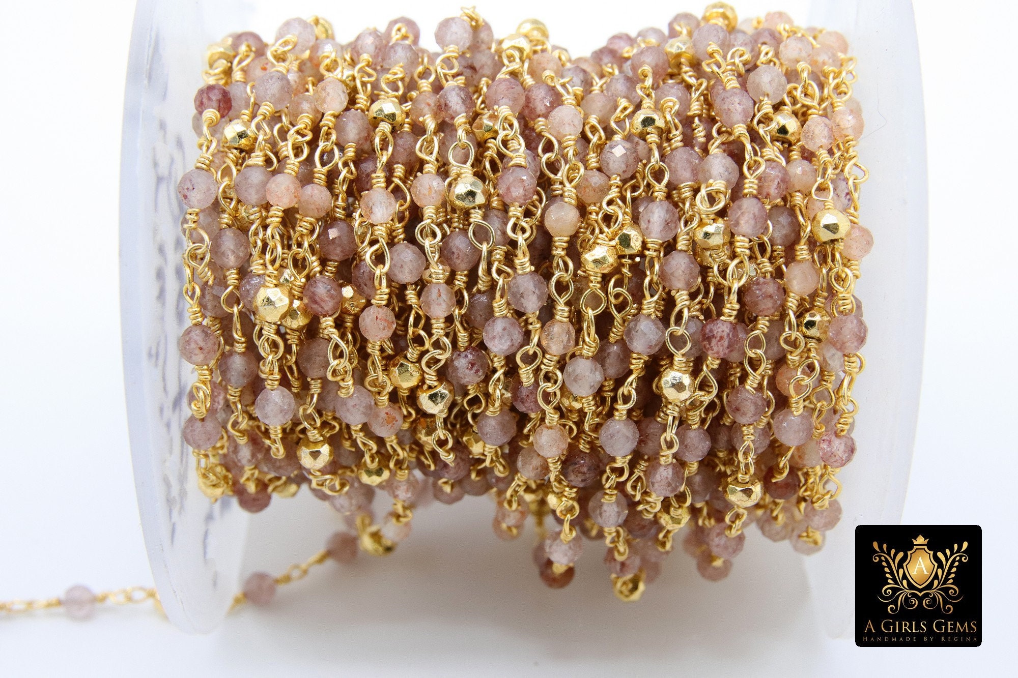 22 K Gold Natural Strawberry Quartz Chain, Unfinished 4 Mm Gold Pyrite ...