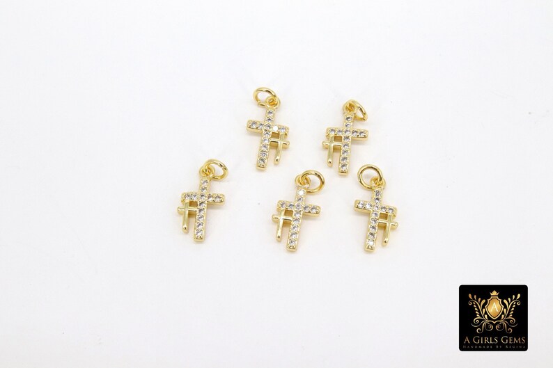 Double Cross Charms, 3 Pcs Micro Paved Tiny Gold Cross Charm #718 ...