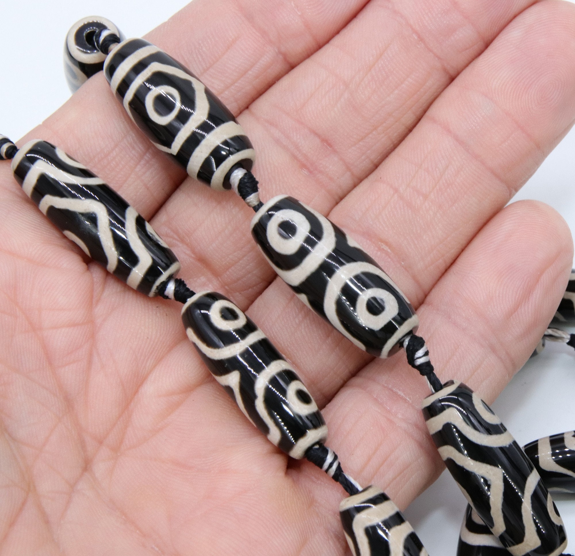 Tibetan DZI Tube Agate Beads, Long Oval Black and Creamy White Oblong ...