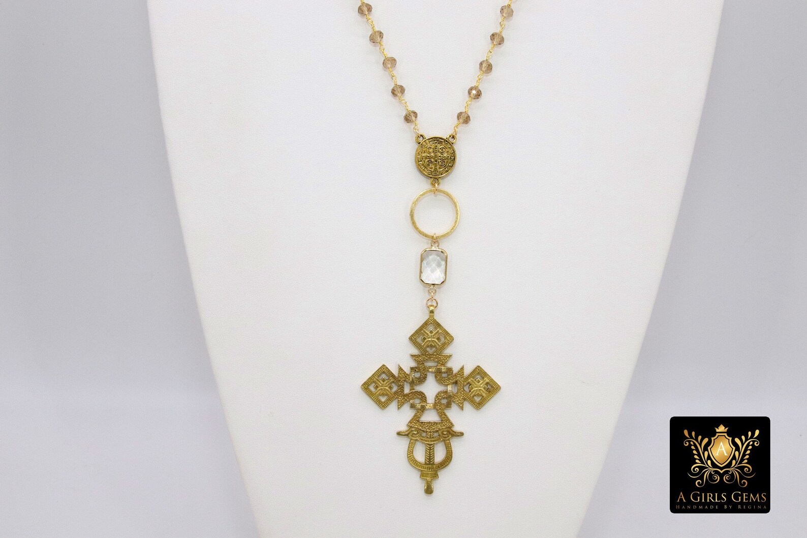 Gold Cross Necklace, Smoky or Black Rosary Chain With Gold Brass ...