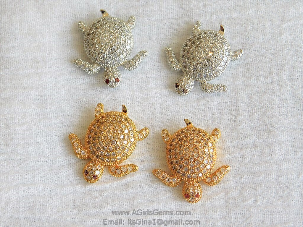 CZ Pave Turtle Tortoise Focal Bead, Silver Gold Animal Focal Beads #123 ...