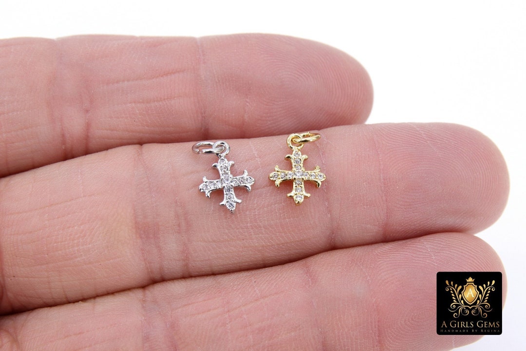 CZ Paved Gold Cross Charms, 9 X 12 Mm Tiny Silver Cross Charm #3392 ...