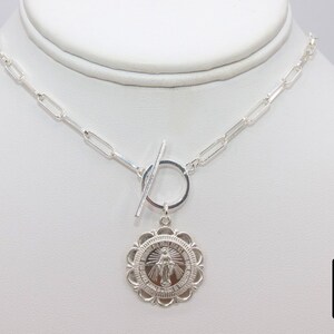 Silver Virgin Mary Coin Necklace, 925 Sterling Silver Medal Toggle Wrap ...