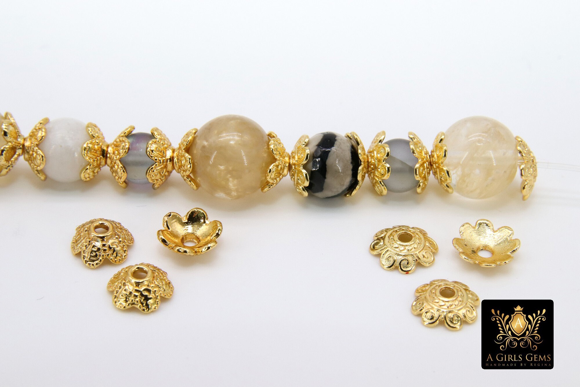 Gold Bead Caps, Bead End Caps, 7 Different 8 Mm Styles, Round Cone ...
