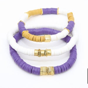 LSU Heishi Beaded Bracelet, 6 Mm Purple White Gold Stretchy Bracelet ...