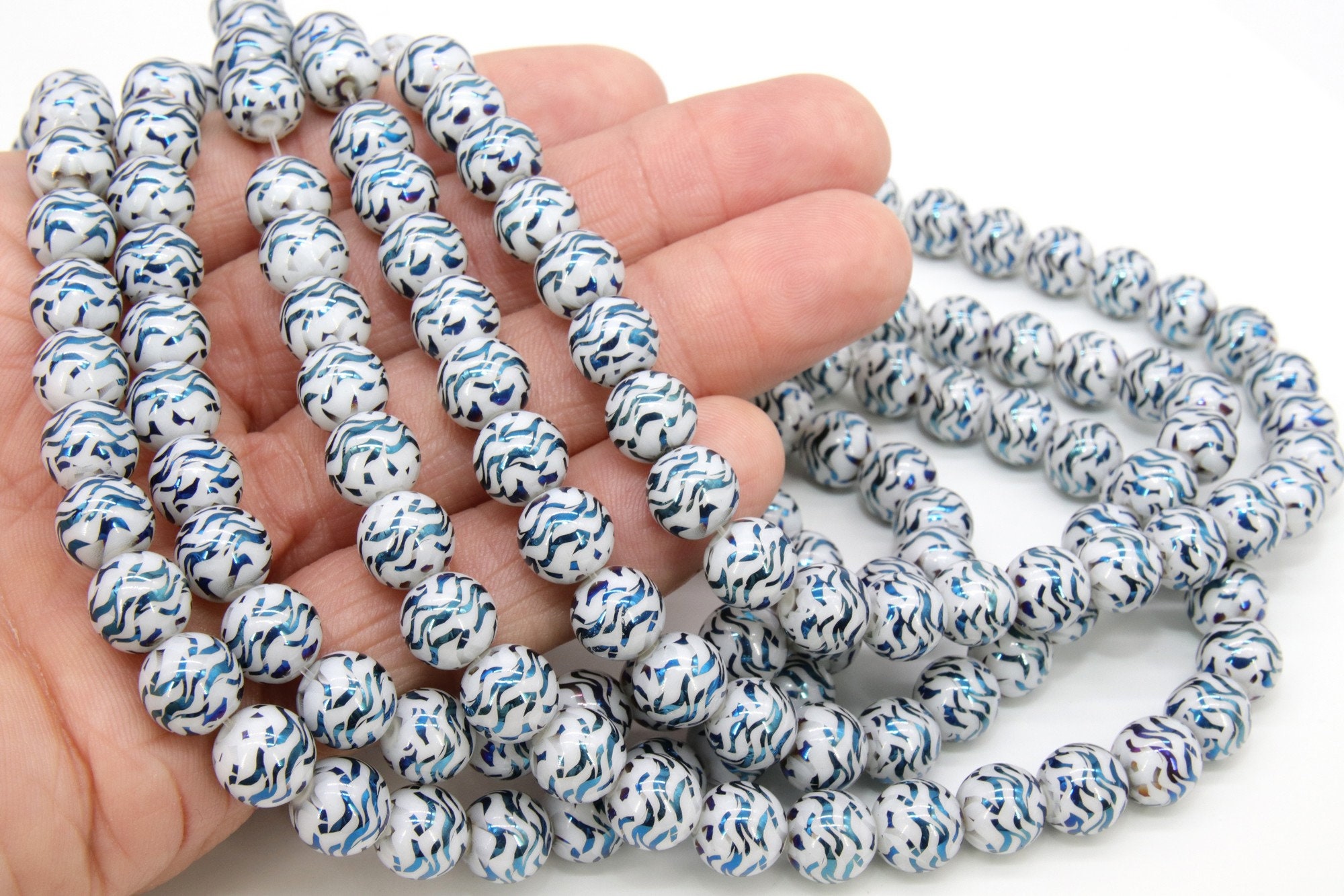 White and Sky Blue Beads, Shimmery Wave Pattern Smooth Tiger Stripe ...