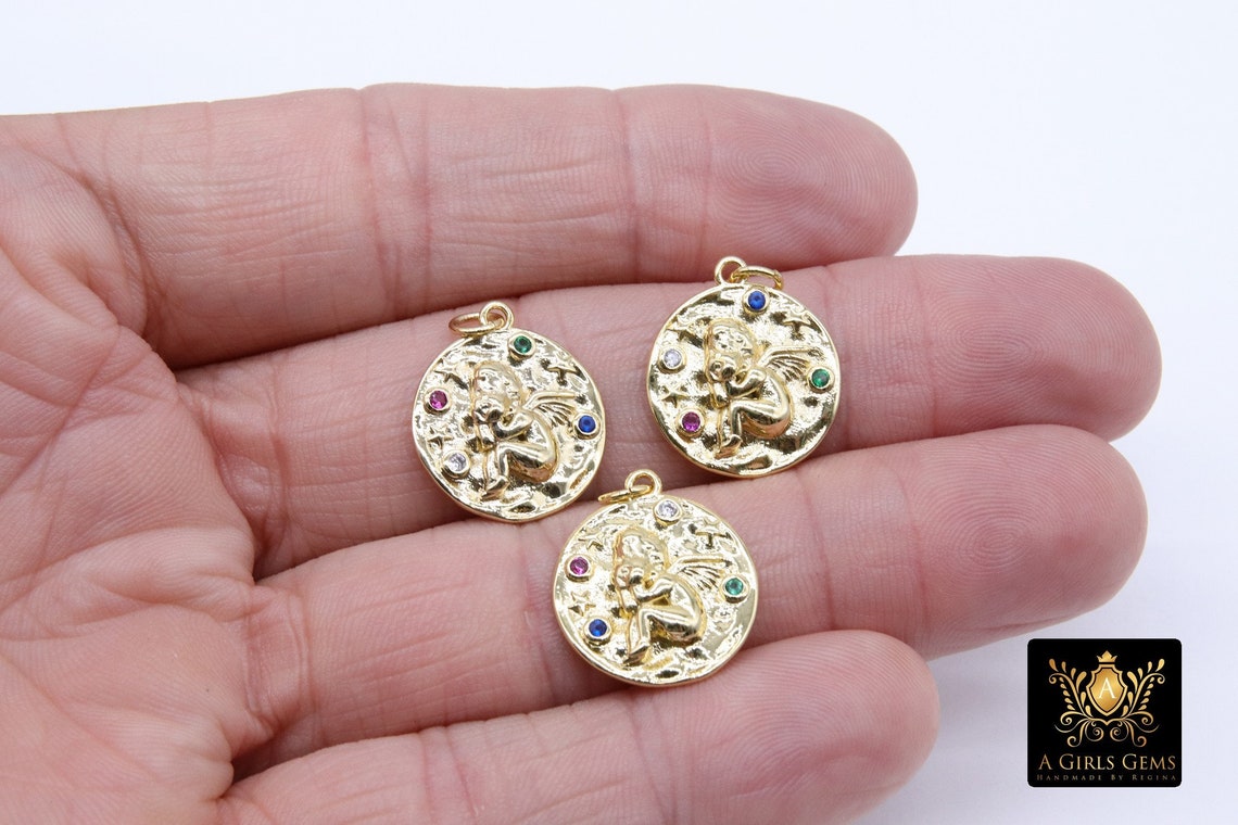 Gold Coin Charm, 4 Styles CZ Pave Round Disc Charms #2655, Athena Owl ...