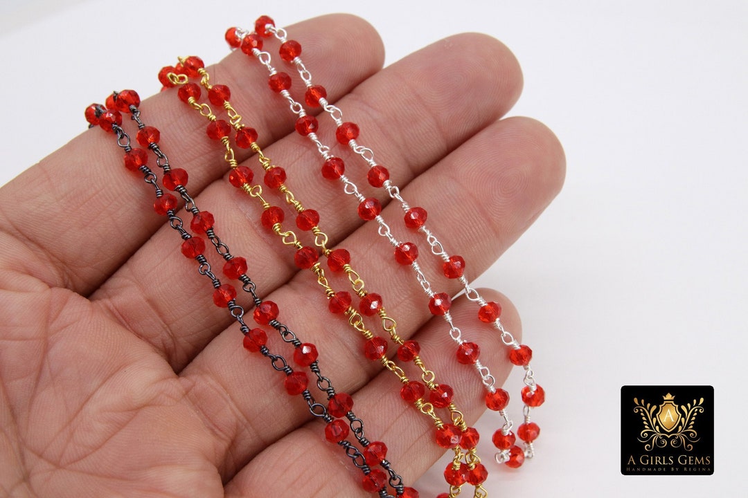 Ruby Red Rosary Silver Chain, Black Wire Wrapped 4 Mm Faceted Beaded ...