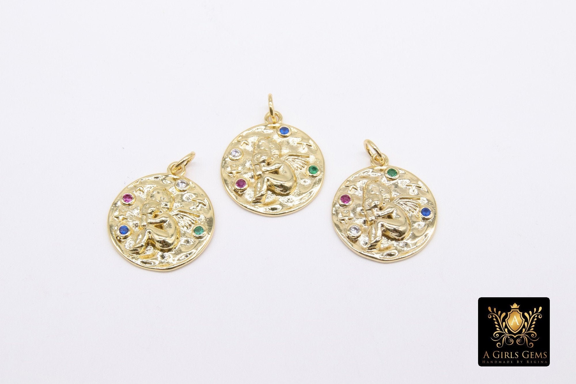 Gold Coin Charm, 4 Styles CZ Pave Round Disc Charms #2655, Athena Owl ...