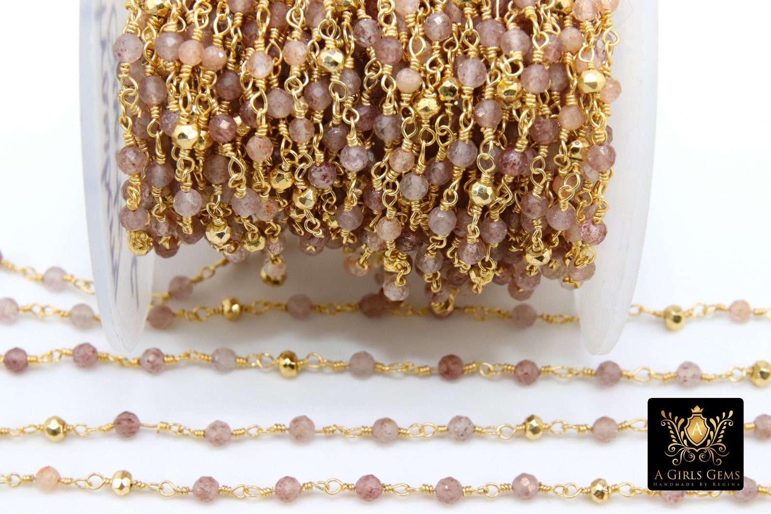 22 K Gold Natural Strawberry Quartz Chain, Unfinished 4 Mm Gold Pyrite ...
