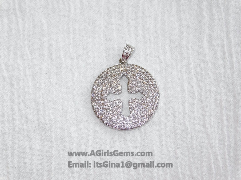 CZ Micro Pave Cross Pendant Round Disc Religious Charms - Etsy