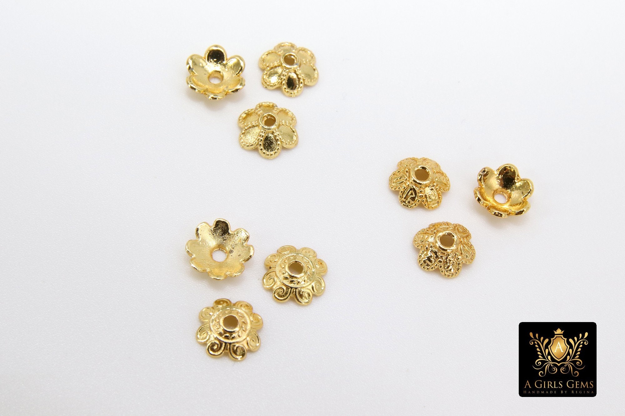 Gold Bead Caps, Bead End Caps, 7 Different 8 Mm Styles, Round Cone ...