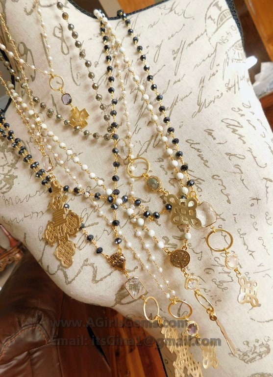 Brass Gold Coptic Cross Necklace Long Black Rosary Beaded | Etsy