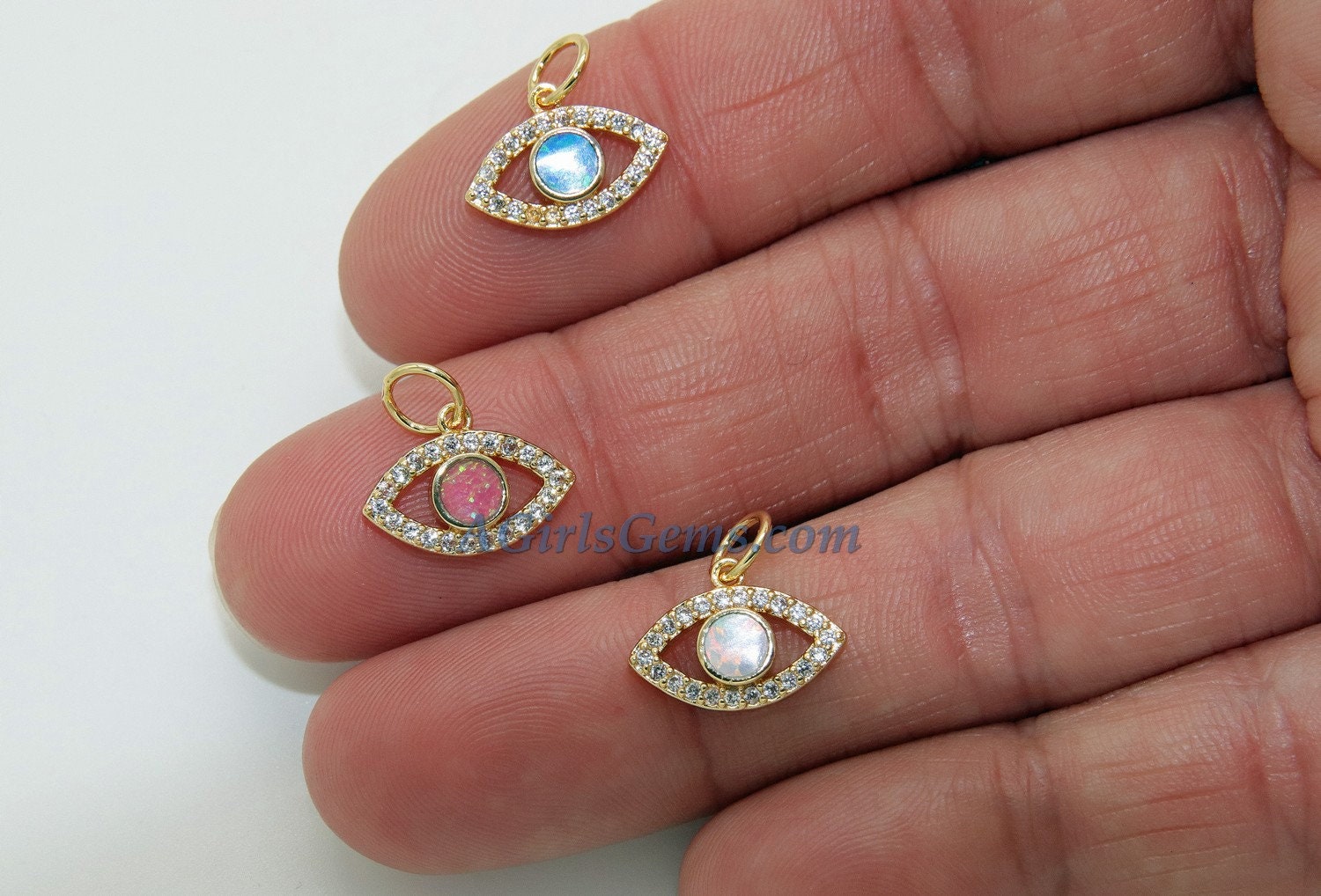 CZ Micro Pave Opal Tiny Evil Eye Charm, 2 Pcs Gold Plated Evil Eye ...