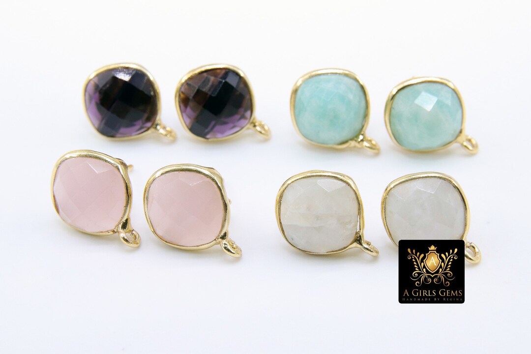 Round Moonstone Gold Plated 925 Sterling Silver Stud Gemstone Earrings ...