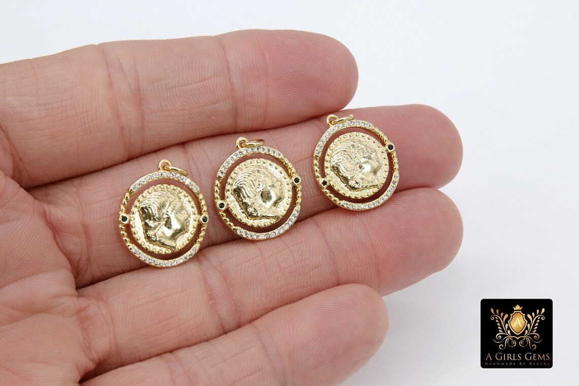 Gold Coin Charm, 4 Styles CZ Pave Round Disc Charms #2655, Athena Owl ...