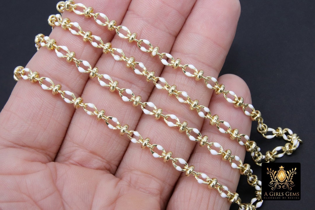 Gold Beaded Sequin Enamel Chain, White or Black and Gold Beaded Dapped ...