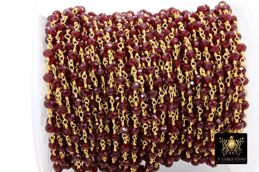 Gold Plated Deep Red Rosary Chain, Ruby Crystal 4 Mm Unfinished Chains ...