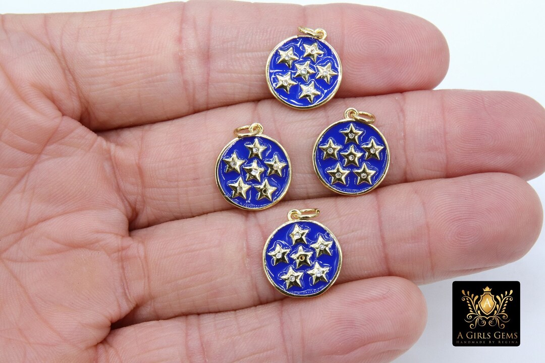 Blue Stars Charms, Gold and Royal Blue CZ Pave Round Stars Night Charms ...