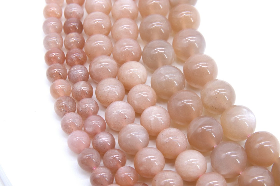 Natural Sunstone Beads, Smooth Round Pink Beige Beads BS #40, Genuine ...