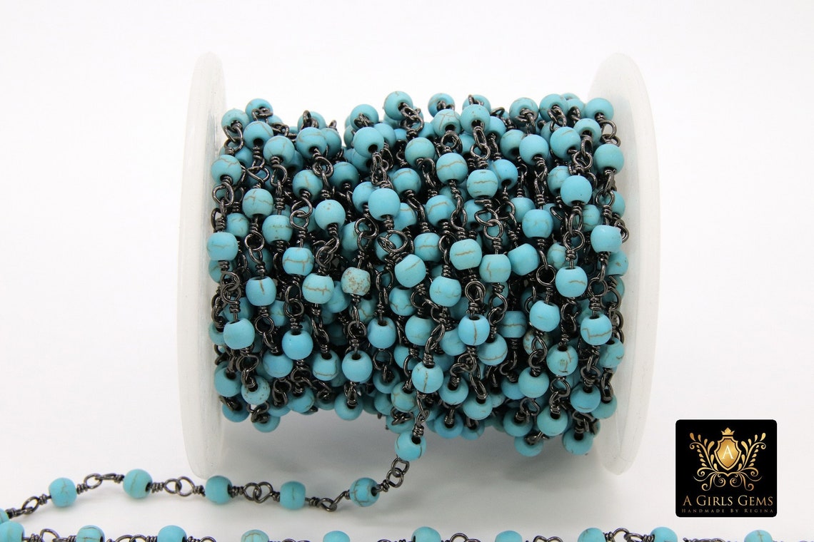 Turquoise Blue Beaded Chain, 4 Mm Wire Wrapped CH #521, 6 Mm Gunmetal ...