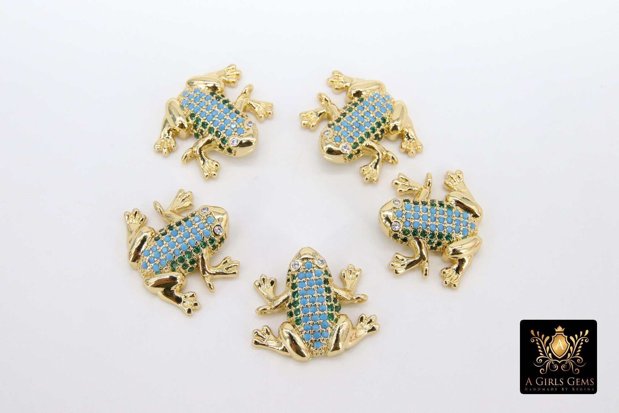CZ Micro Pave Frog Connectors, Gold 3D Colorful Amphibian Blue ...