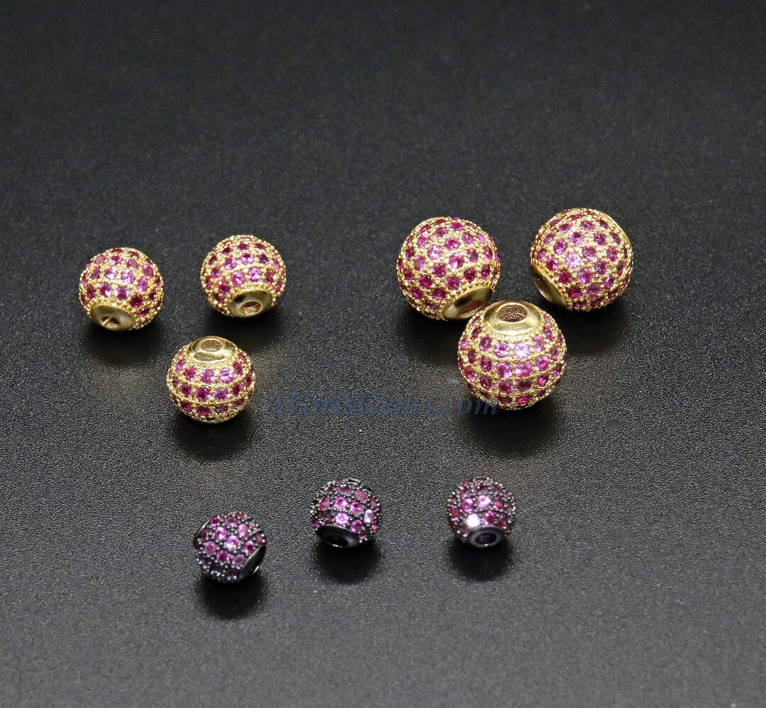 CZ Micro Pave Beads, Gold or Black With Pink Fushia CZ Round Cubic ...