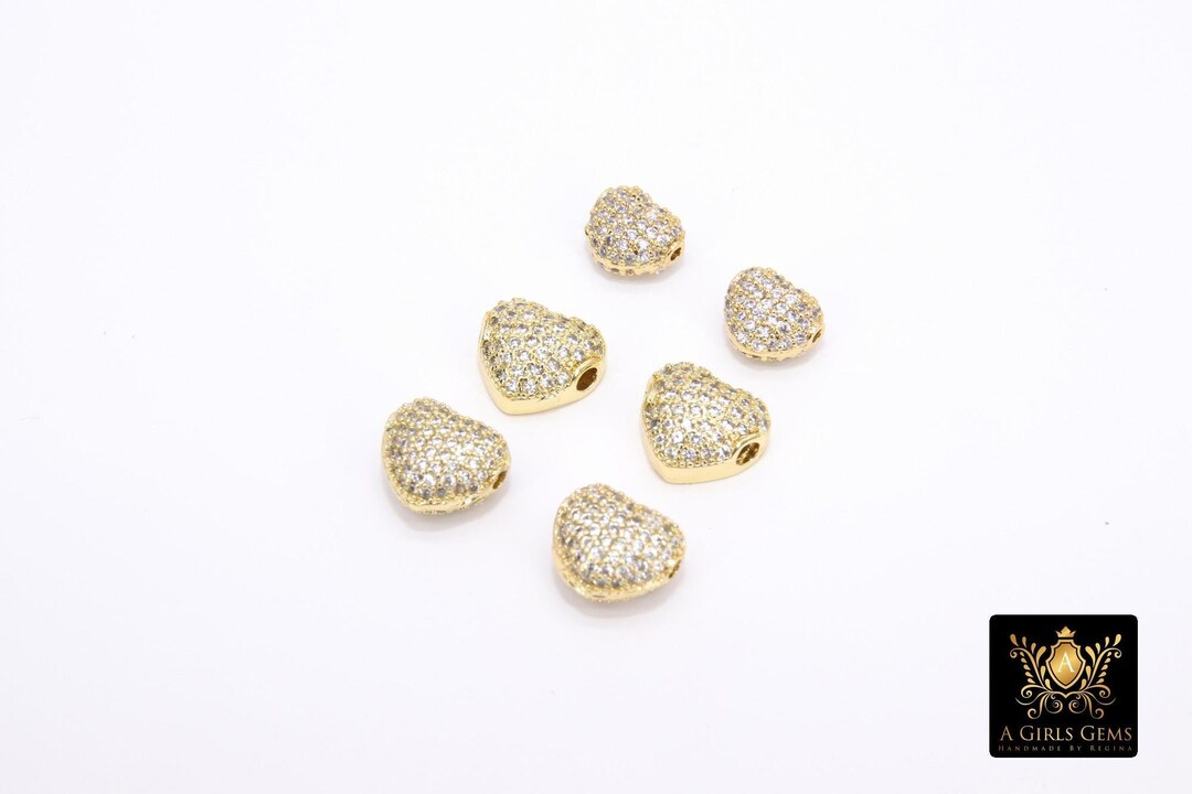 CZ Pave Gold Heart Bead, 7 Mm Genuine 18 K Gold Heart Shape Plated ...
