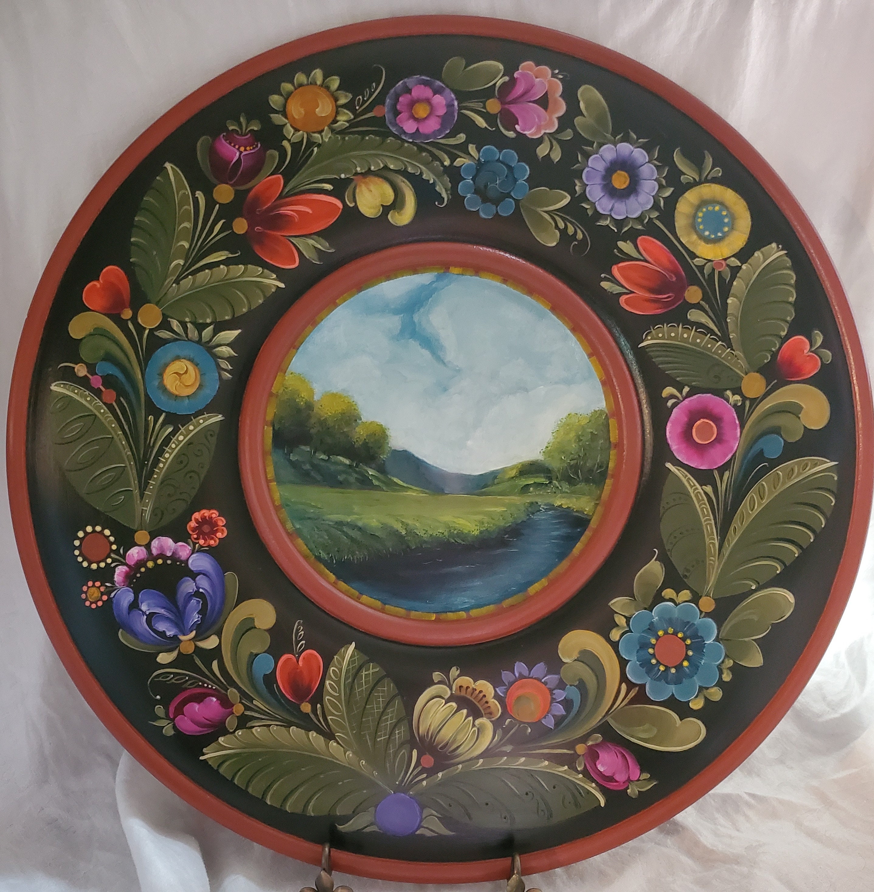 16" Os Style Rosemaled Tray With Beautiful Landscape Scene - Etsy