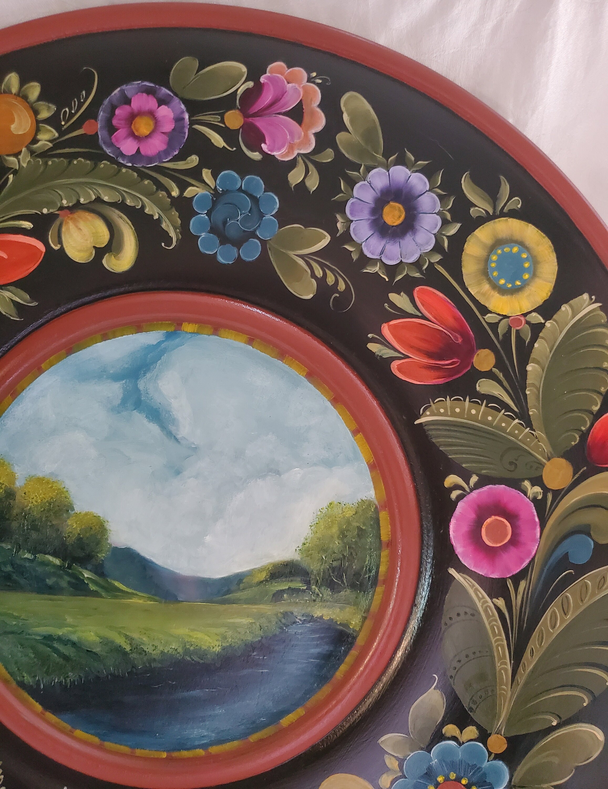 16" Os Style Rosemaled Tray With Beautiful Landscape Scene - Etsy