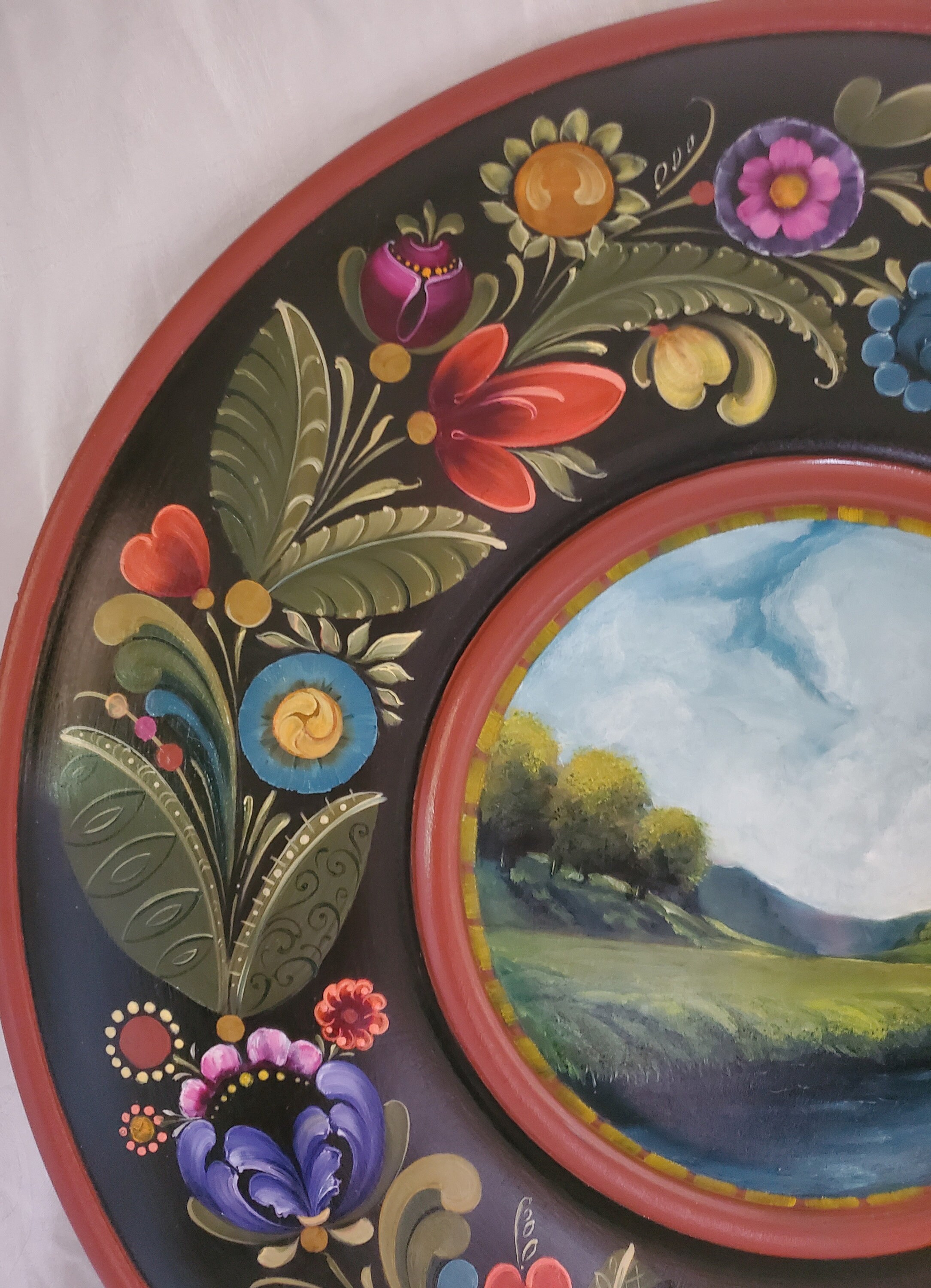 16" Os Style Rosemaled Tray With Beautiful Landscape Scene - Etsy