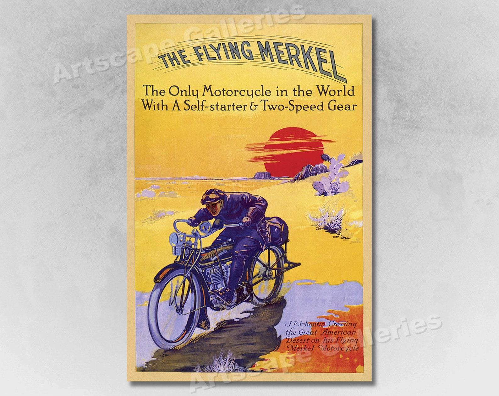 1913 the Flying Merkel Motorcycle Touring Poster Crossing American ...