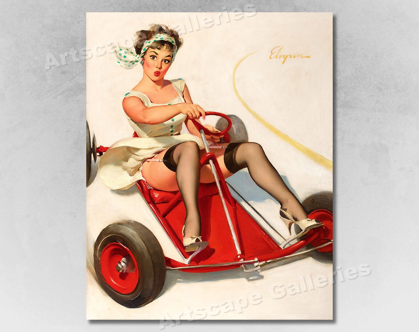 1960s Curving Around Vintage Style Elvgren Pin Up Gocart Upskirt