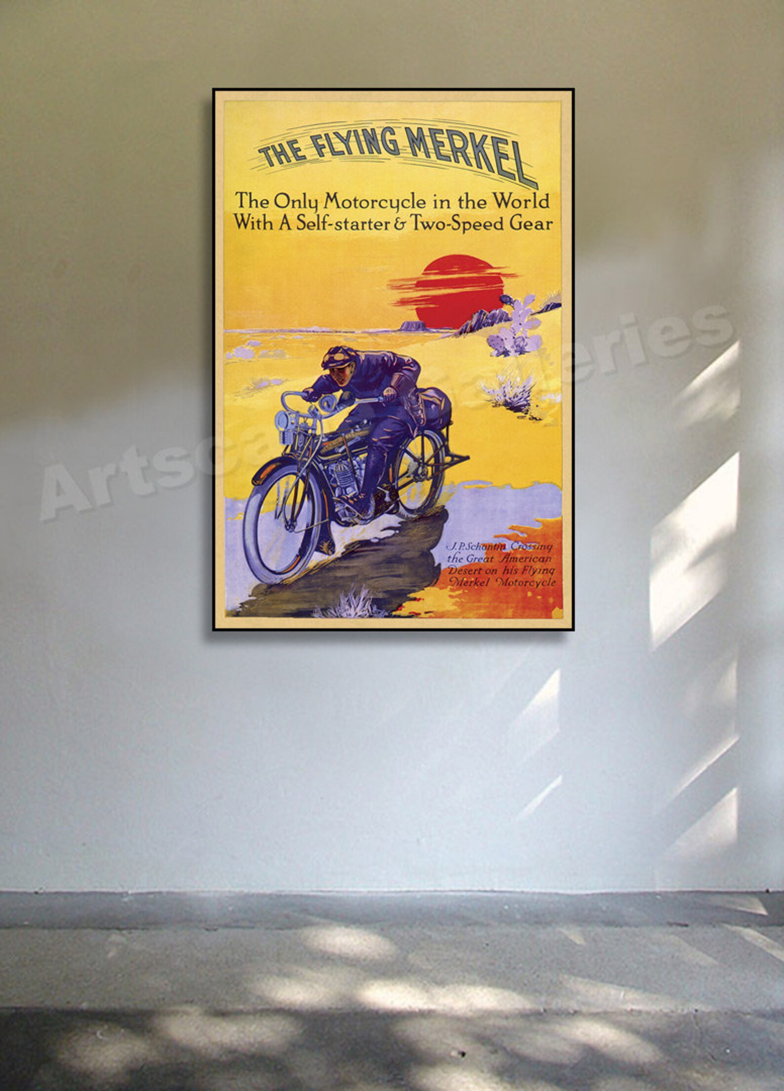 1913 the Flying Merkel Motorcycle Touring Poster Crossing American ...