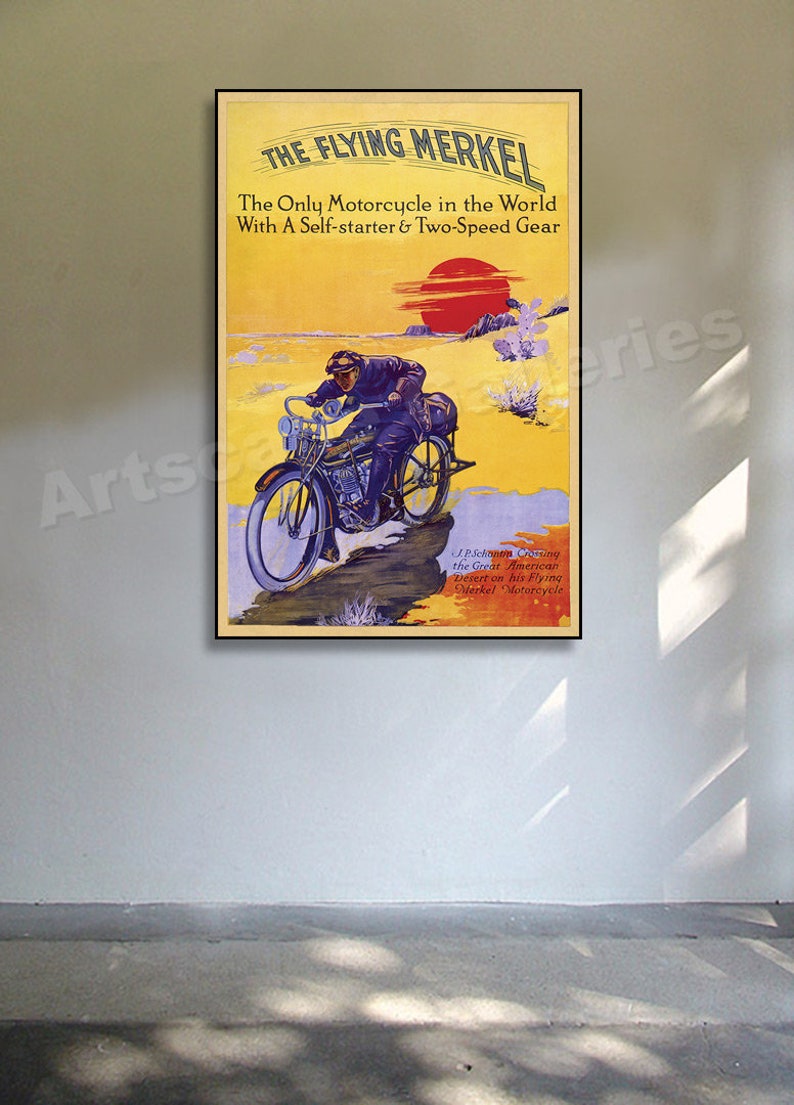 1913 the Flying Merkel Motorcycle Touring Poster Crossing American ...