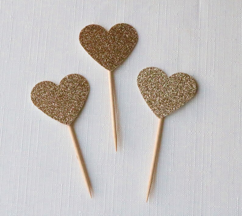 12 Rose Gold Glitter Heart Cupcake Toppers Rustic Wedding - Etsy