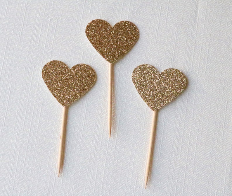 12 Rose Gold Glitter Heart Cupcake Toppers Rustic Wedding - Etsy