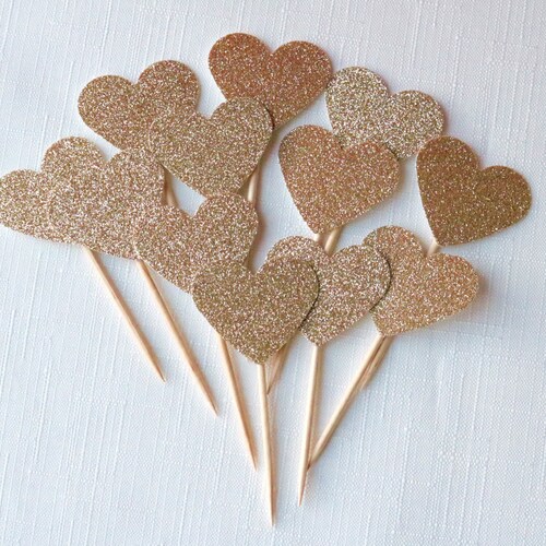 12 DOUBLE SIDED Rose Gold Glitter Heart Cupcake Toppers | Etsy