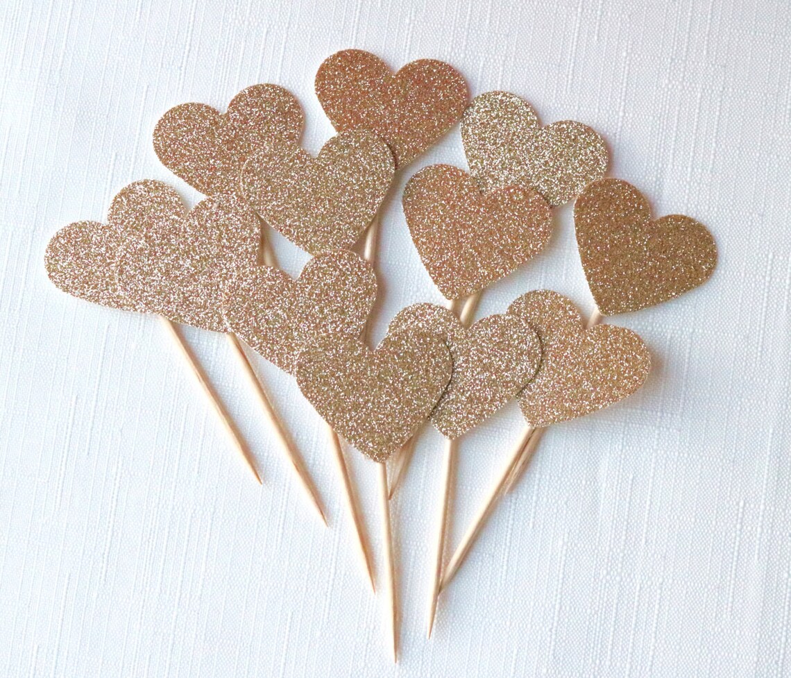 12 Rose Gold Glitter Heart Cupcake Toppers Rustic Wedding | Etsy