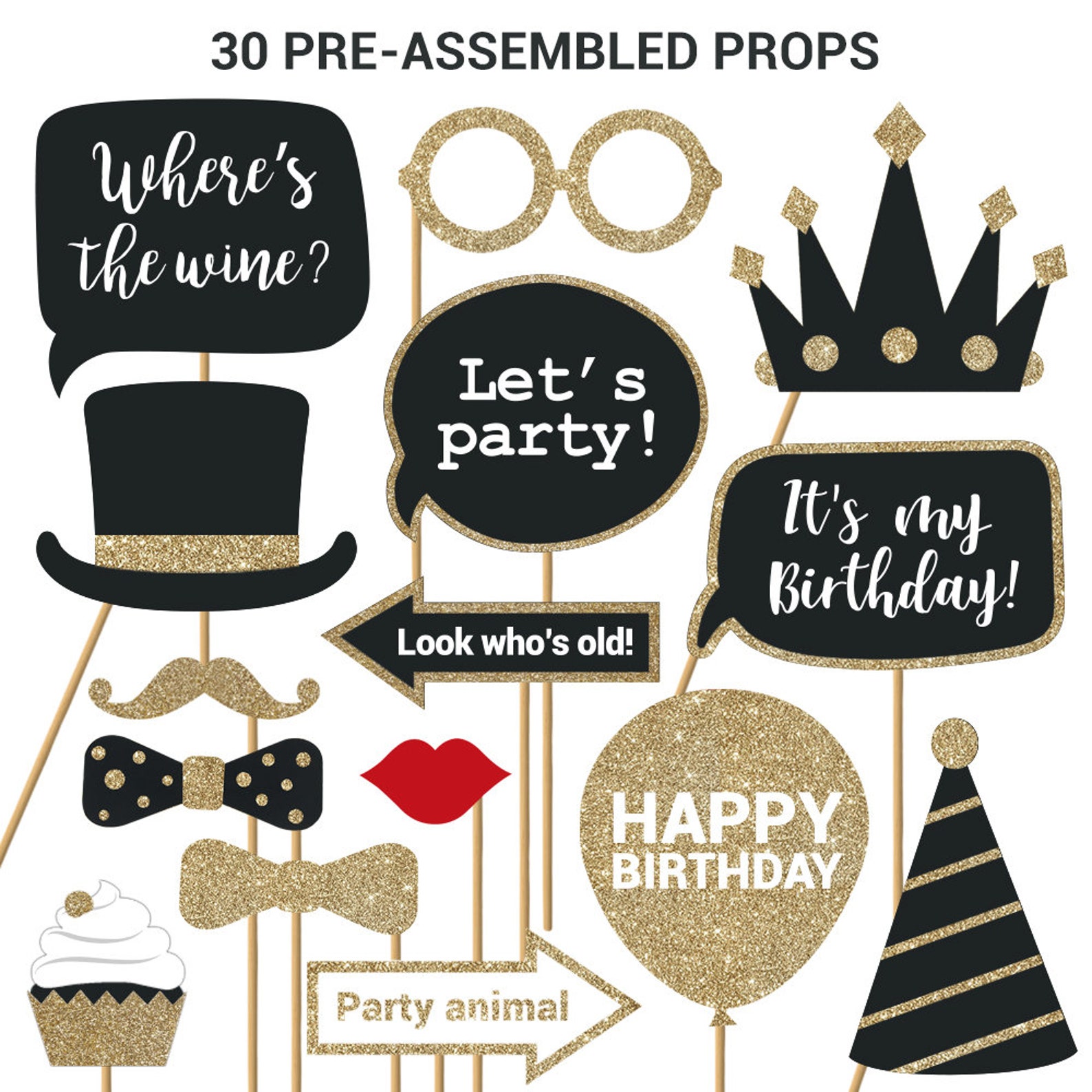 Birthday Photo Booth Props FULLY ASSEMBLED Real Glitter - Etsy