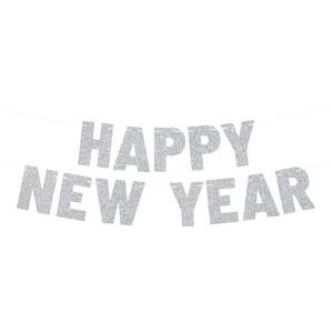 Pre-strung Happy New Year Banner - NO DIY - Silver Glitter New Years ...