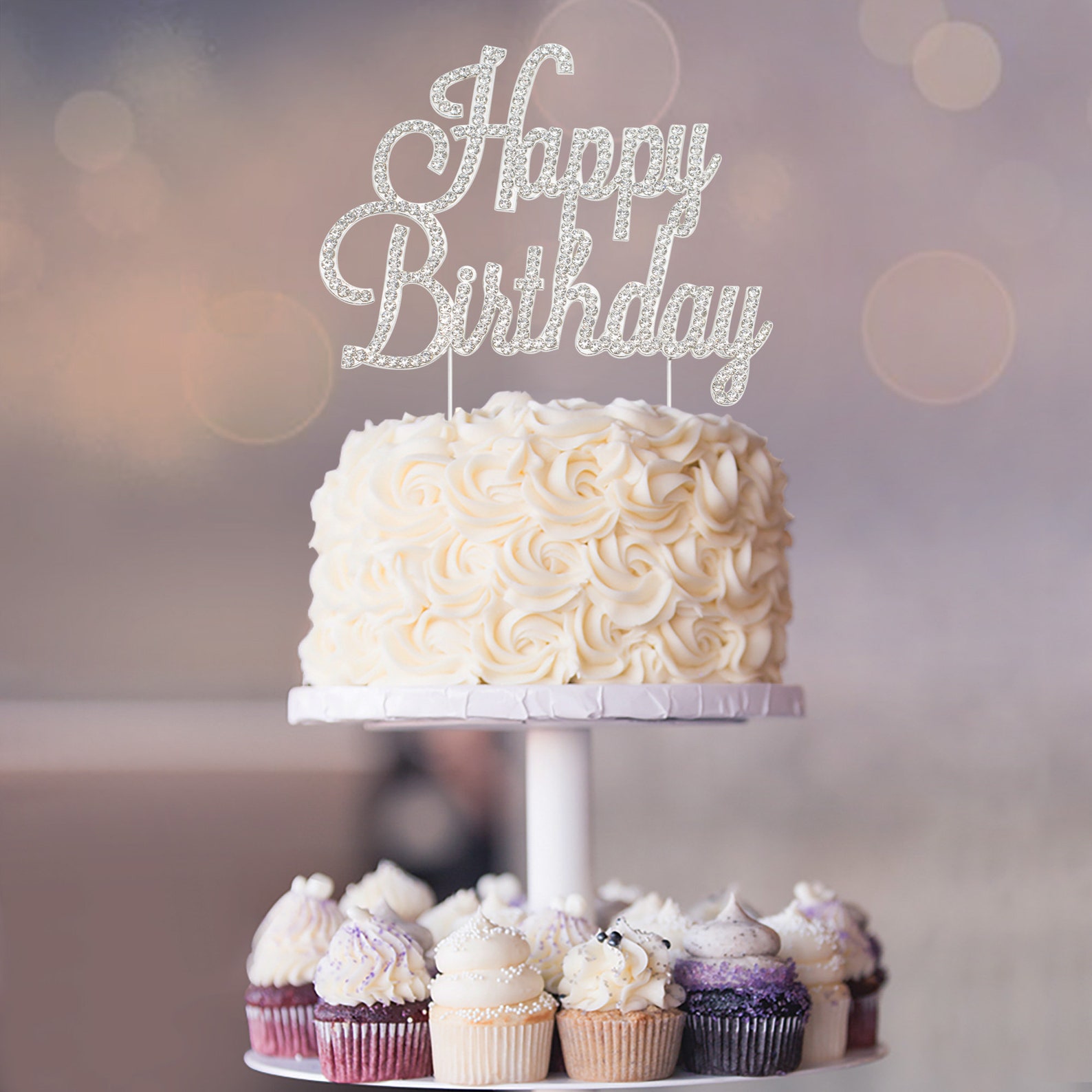 Happy Birthday SILVER Cake Topper | Sparkly Rhinestone Cake Topper ...