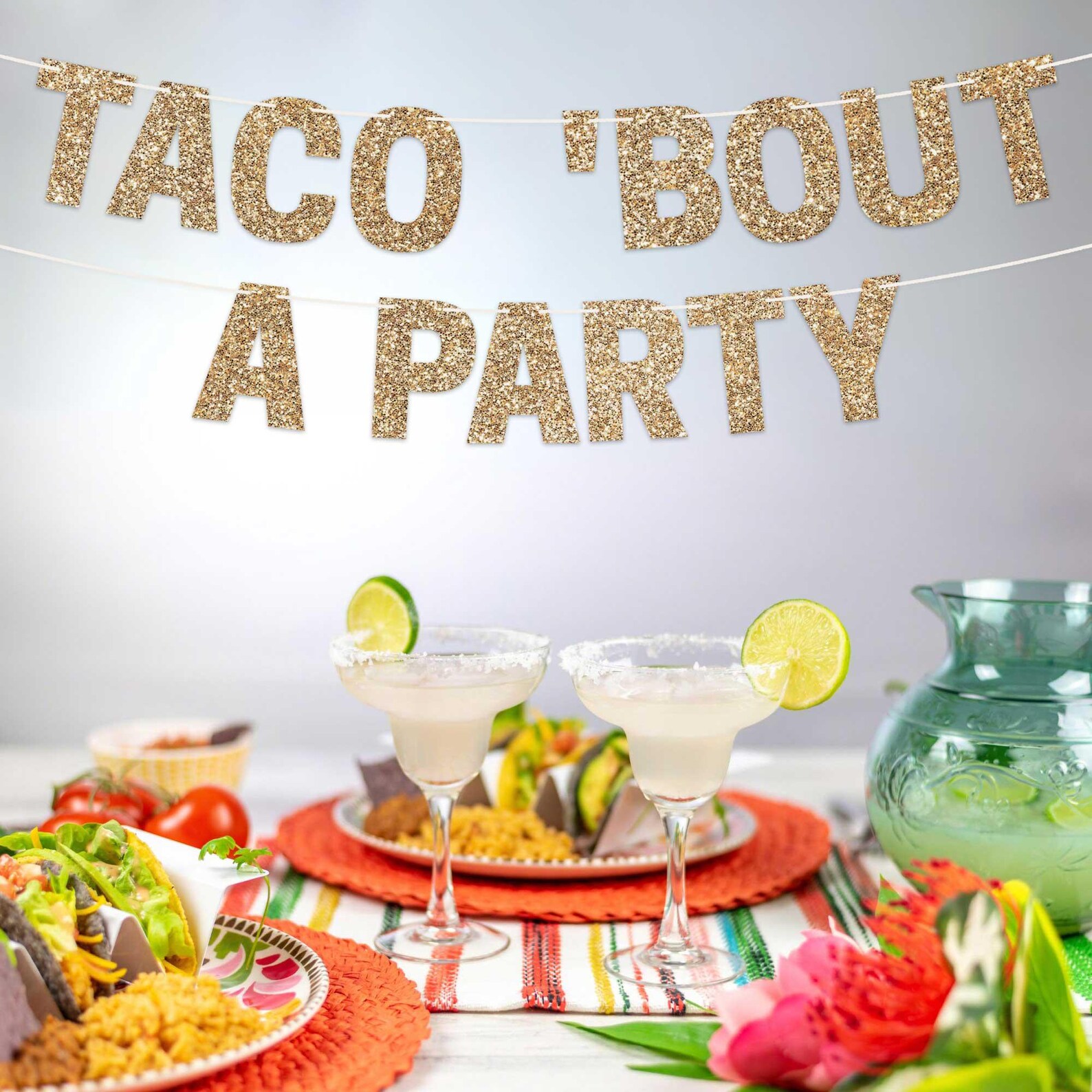 Pre-strung Taco Bout A Party Banner - NO DIY - Gold Glitter Taco Party ...