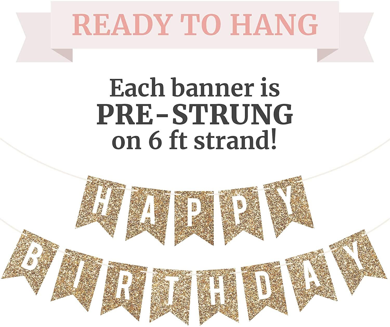 Pre-Strung Happy Birthday Banner Gold Banner on 6 ft String | Etsy