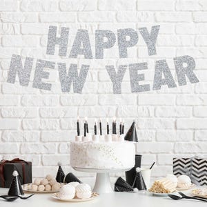 Pre-strung Happy New Year Banner - NO DIY - Silver Glitter New Years ...