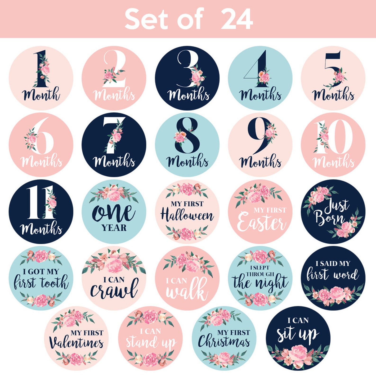 Baby Monthly Stickers Navy Floral Baby Milestone Stickers set of 24 ...