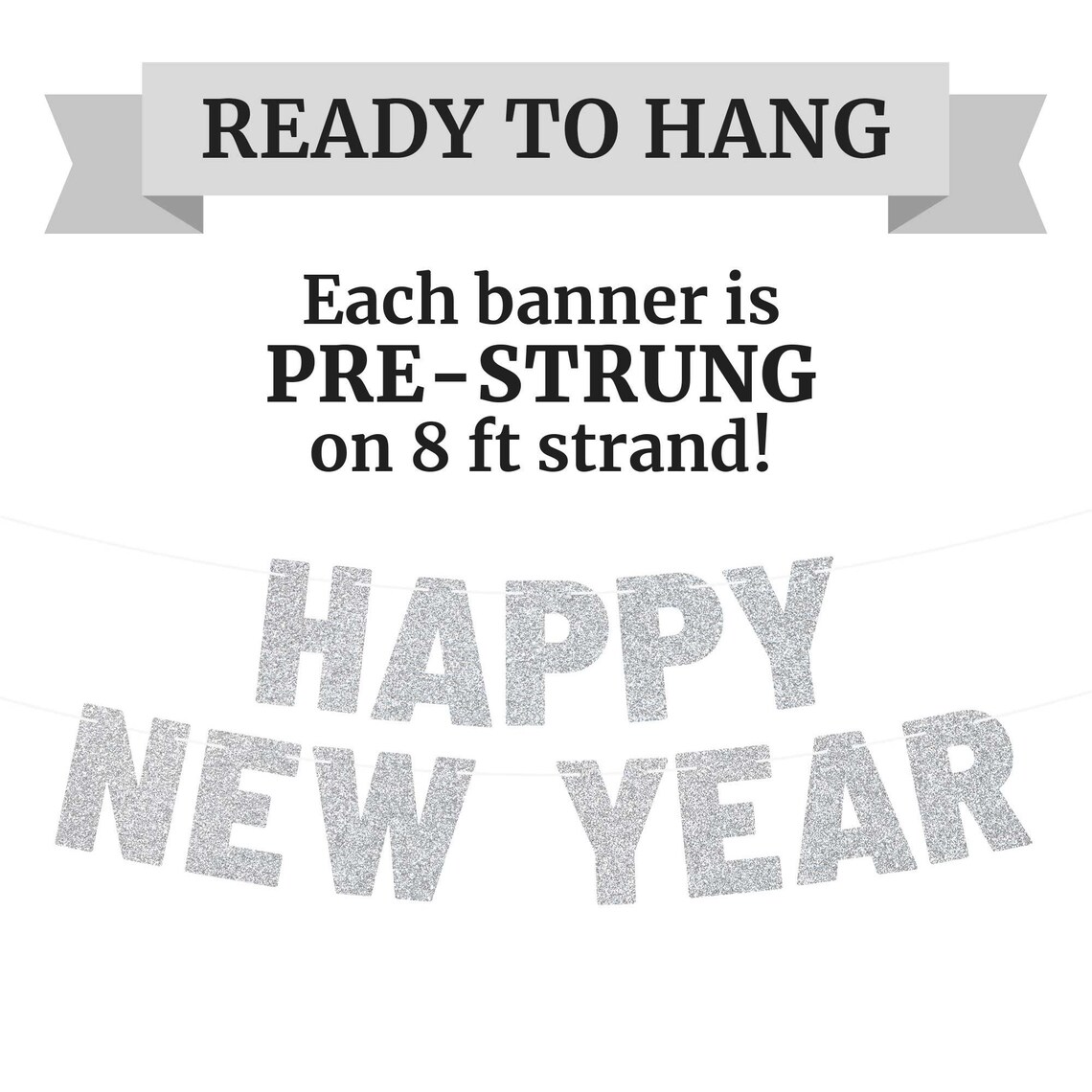 Pre-strung Happy New Year Banner - NO DIY - Silver Glitter New Years ...