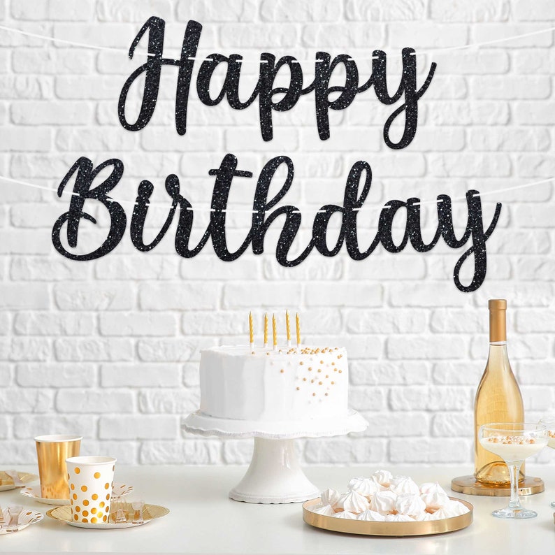 Pre-strung Happy Birthday Banner - NO DIY - Black Glitter Happy ...