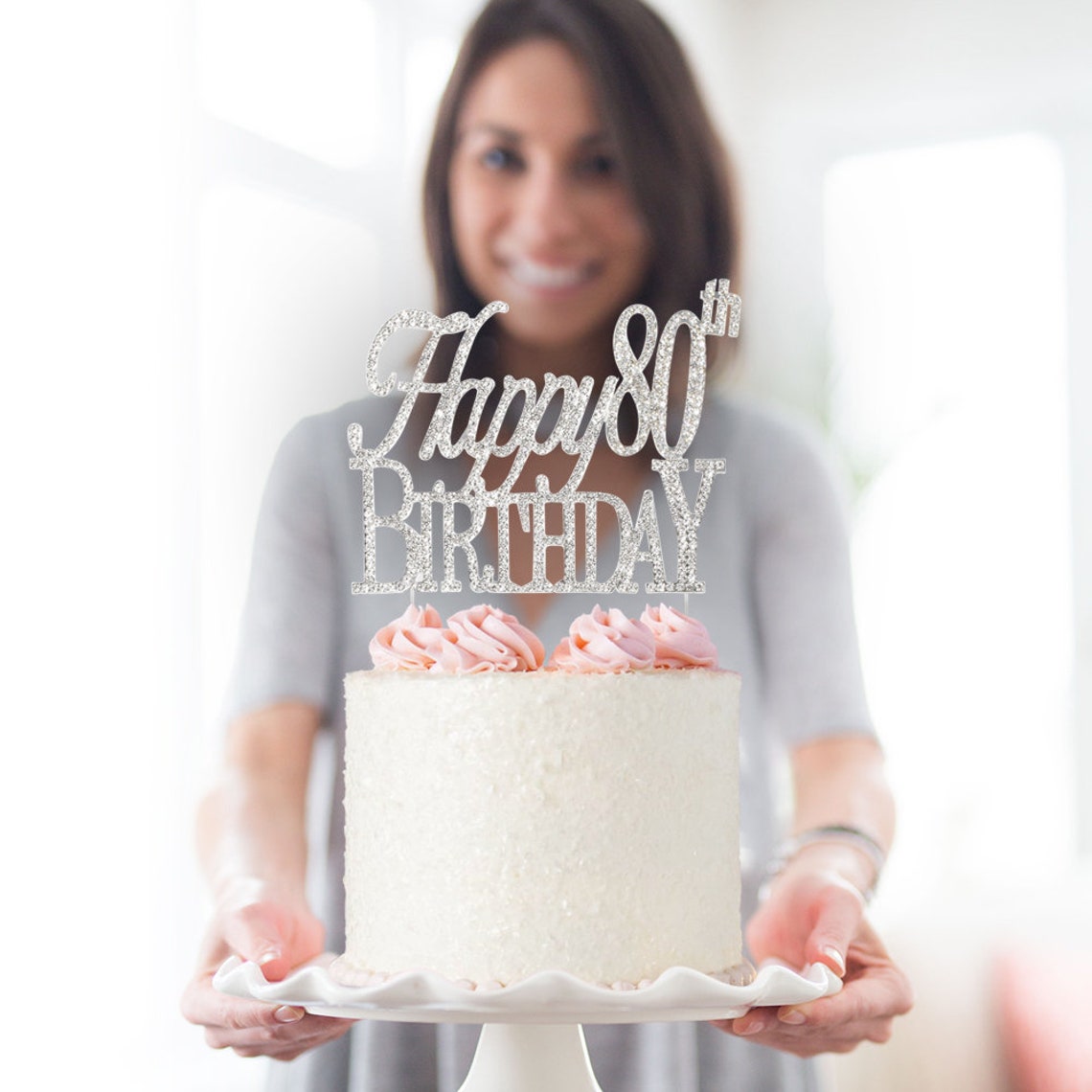 80 Birthday Cake Topper SILVER Happy 80th Birthday Cake - Etsy